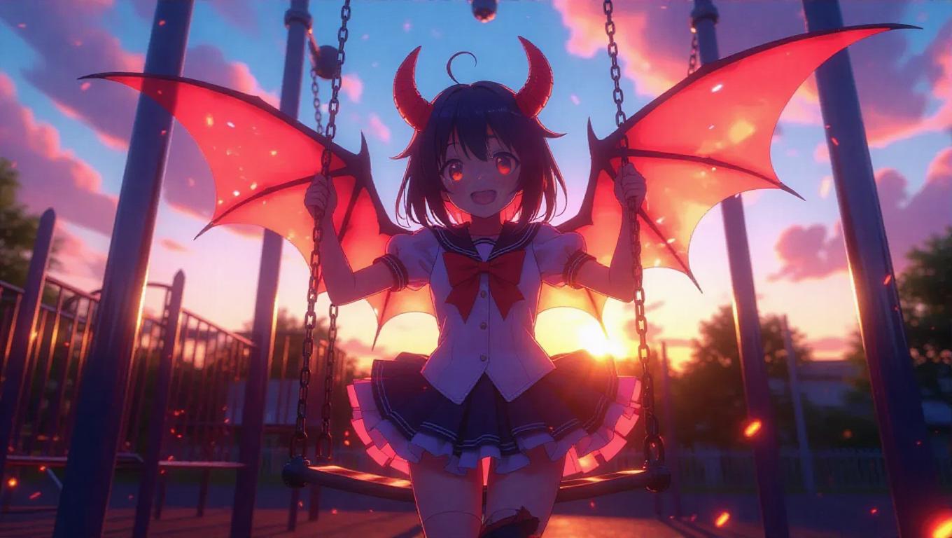 A playful anime demon girl with glowing red horns and shimmering wings ...