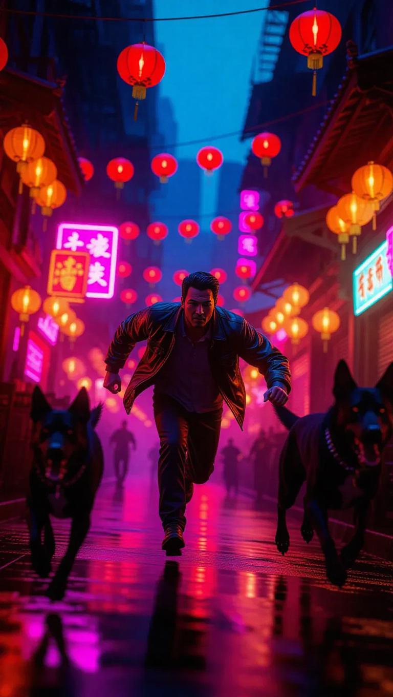 A fugitive in a torn jacket speeds through an animated Chinatown market ...