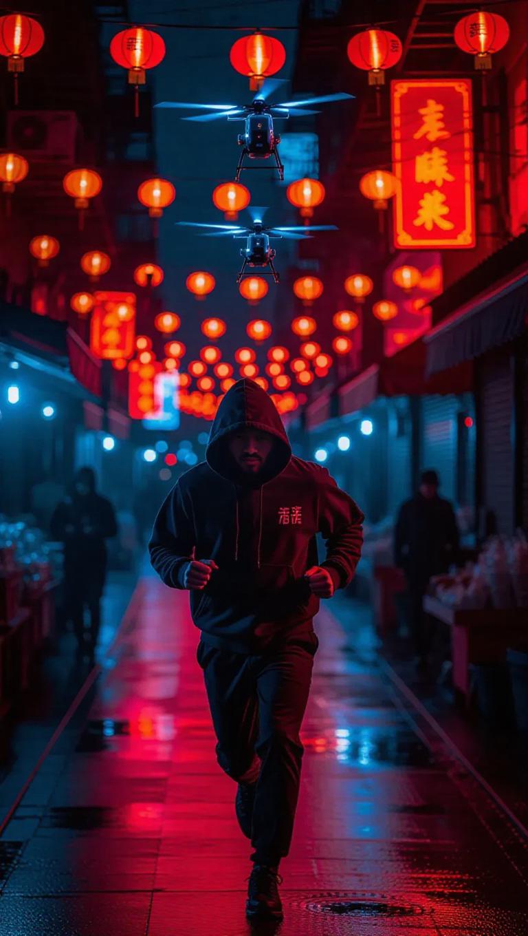 A fugitive in a frayed hoodie dashes through a dimly lit Chinatown ...