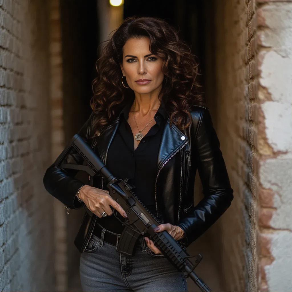 AI-Generated Italian Woman with Uzi in Black Leather Jacket Guarding ...