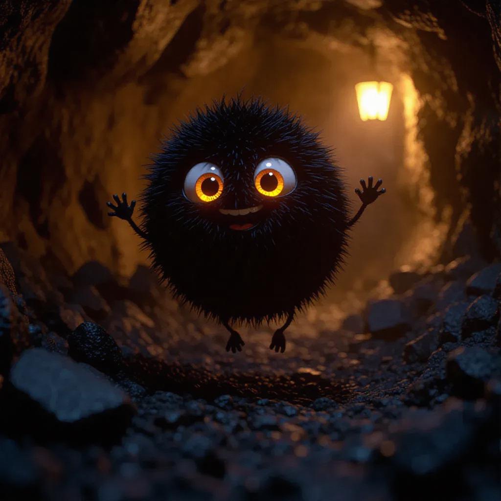 A whimsical, round-bodied coal creature with a fluffy, soot-textured ...