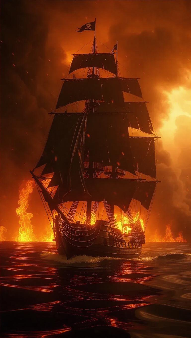 A notorious pirate ship sailing through a sea of molten fire, its ...