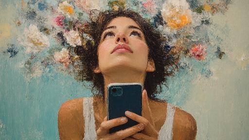 painting, woman holding phone and taking from herself selfie, looking ...