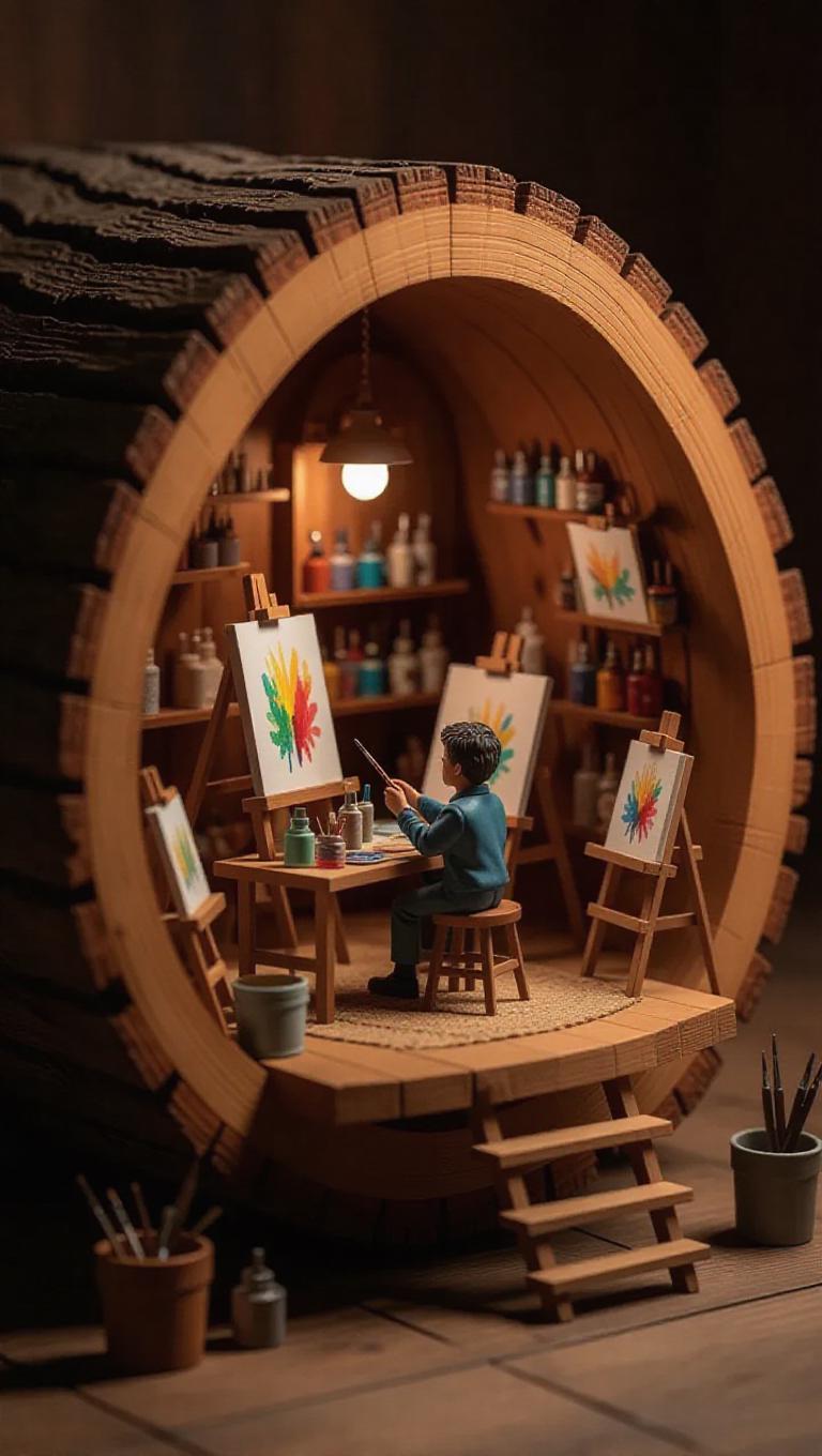 An elaborately designed miniature art studio inside a hollowed log ...