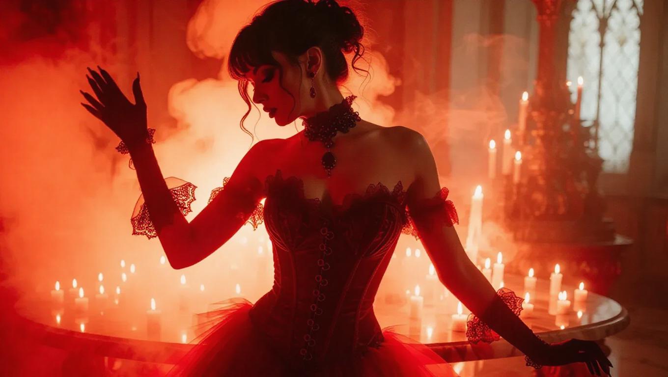 AI-Generated Diabolical Femme Fatale, Crimson Corset, Vapor-Form Devils ...